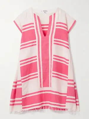 LEMLEM Elina Fringed Paneled Striped Cotton Kaftan - Pink