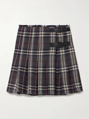 Burberry Leather-trimmed Pleated Checked Wool Mini Skirt - Multi