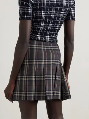 Burberry Leather-trimmed Pleated Checked Wool Mini Skirt - Multi