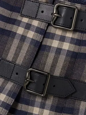 Burberry Leather-trimmed Pleated Checked Wool Mini Skirt - Multi