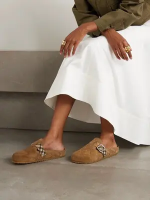 Burberry Urchin Canvas-jacquard Trimmed Textured-suede Clogs - Neutrals