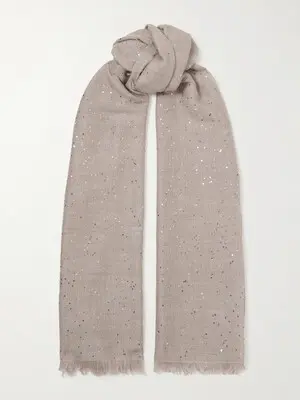 Brunello Cucinelli Sequined Cashmere And Silk-blend Scarf - Brown