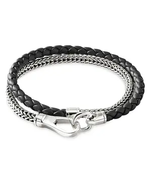 John Hardy Sterling Silver Icon Braided Leather Double Wrap Bracelet - Black