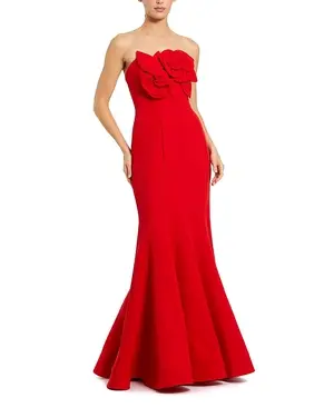 Mac Duggal Crepe Strapless Mermaid Gown With 3d Flowers - Red