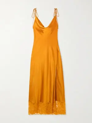SELF-PORTRAIT Lace-trimmed Satin Midi Dress