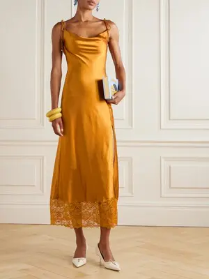 SELF-PORTRAIT Lace-trimmed Satin Midi Dress