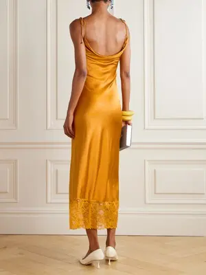 SELF-PORTRAIT Lace-trimmed Satin Midi Dress