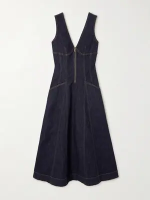 SELF-PORTRAIT Paneled Denim Midi Dress - Blue