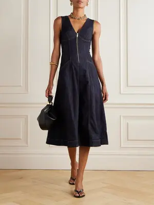 SELF-PORTRAIT Paneled Denim Midi Dress