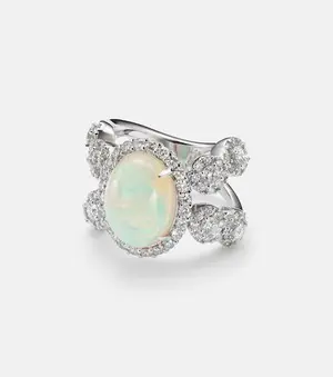 Yeprem 18kt White Ring With Diamonds And Opal - Gold