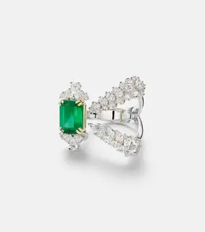Yeprem 18kt White Gold Ring With Emerald And Diamonds - Silver