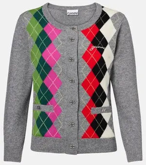GANNI Argyle Wool And Cashmere Cardigan Grey