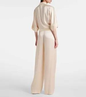 THE SEI Cropped Silk Satin Wrap Blouse - Beige