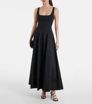Staud Wells Pleated Cotton Midi Dress - Black