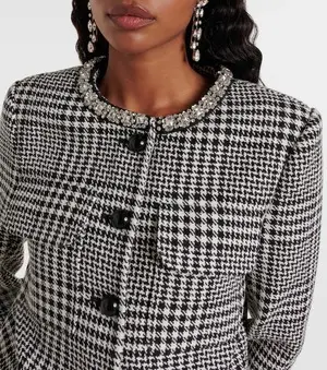 SELF-PORTRAIT Embellished Houndstooth Cropped Jacket - Black