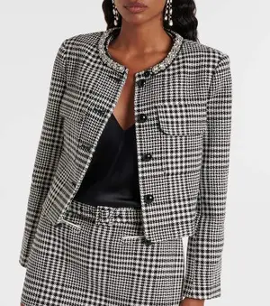 SELF-PORTRAIT Embellished Houndstooth Cropped Jacket - Black
