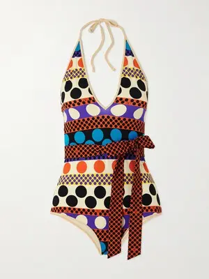 Valentino Garavani Belted Printed Halterneck Swimsuit - Multi