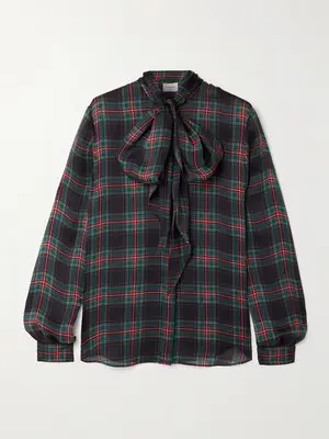 Saint Laurent Pussy-bow Checked Blouse