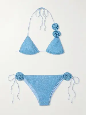 Oseree Lumière Rose Appliquéd Lurex Triangle Bikini - Blue