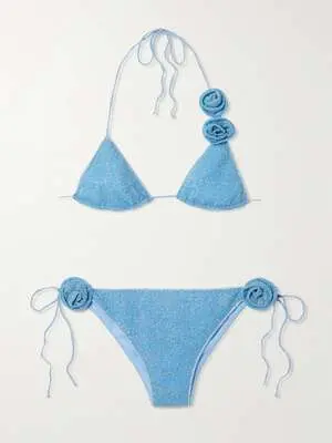Oseree Lumière Rose Appliquéd Lurex Triangle Bikini - Light Blue