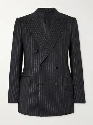 TOM FORD Dyllan Double-breasted Striped Metallic Wool And Silk-blend Suit Jacket - Black