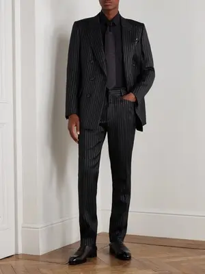 TOM FORD Dyllan Double-breasted Striped Metallic Wool And Silk-blend Suit Jacket - Black