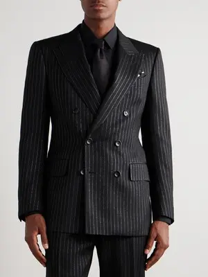 TOM FORD Dyllan Double-breasted Striped Metallic Wool And Silk-blend Suit Jacket - Black