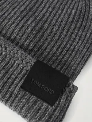 TOM FORD Logo-appliquéd Ribbed Cashmere Beanie - Gray