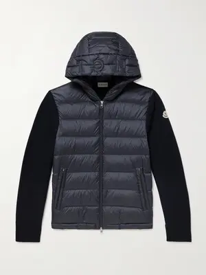 Moncler Logo-appliquéd Wool-trimmed Quilted Shell Hooded Down Zip-up Cardigan - Blue
