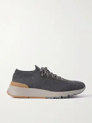 Brunello Cucinelli Leather-trimmed Stretch-knit Sneakers - Blue
