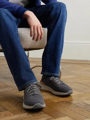 Brunello Cucinelli Leather-trimmed Stretch-knit Sneakers - Blue