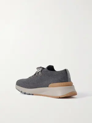 Brunello Cucinelli Leather-trimmed Stretch-knit Sneakers - Blue