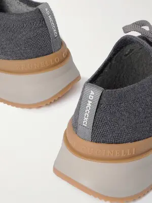 Brunello Cucinelli Leather-trimmed Stretch-knit Sneakers - Blue