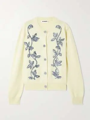 JIL SANDER Oversized Embroidered Wool Cardigan Pastel Yellow