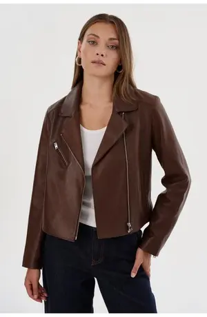LAMARQUE Valeria Leather Biker Jacket - Brown