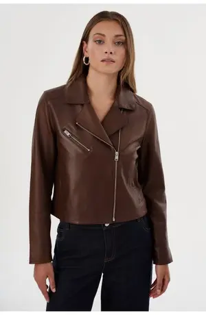 LAMARQUE Valeria Leather Biker Jacket - Brown