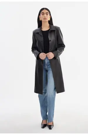 LAMARQUE Longline Leather Coat - Black