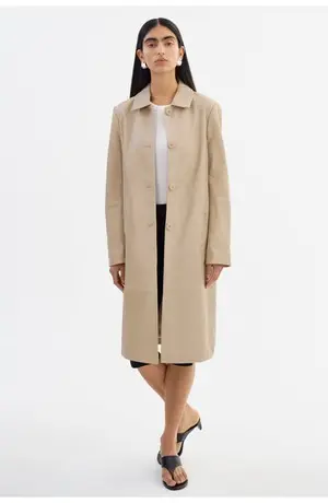LAMARQUE Longline Leather Coat - Stone