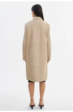 LAMARQUE Longline Leather Coat - Stone