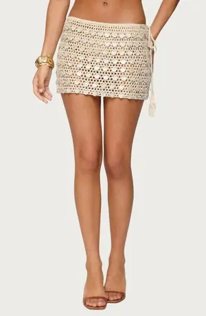 EDIKTED Open Stitch Paillette Miniskirt - Beige