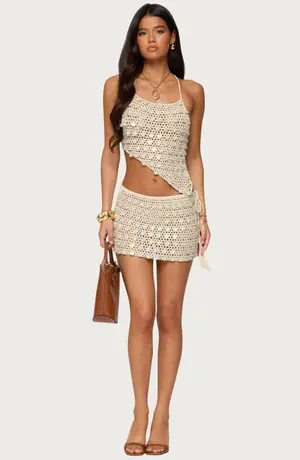 EDIKTED Open Stitch Paillette Miniskirt