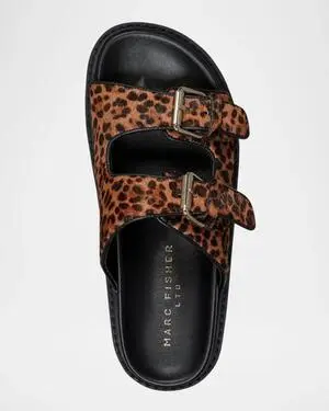 Marc Fisher Agustaly Calf Hair Dual-buckle Slide Sandals - Brown