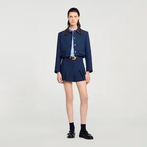 Sandro Cropped Jacket With Leather Collar - Navy Blue