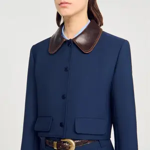 Sandro Cropped Jacket With Leather Collar - Navy Blue