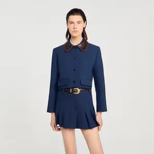 Sandro Cropped Jacket With Leather Collar - Navy Blue