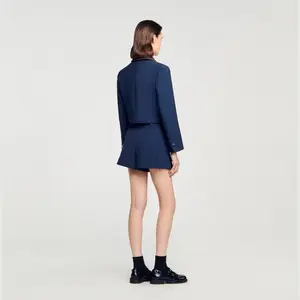 Sandro Cropped Jacket With Leather Collar - Navy Blue