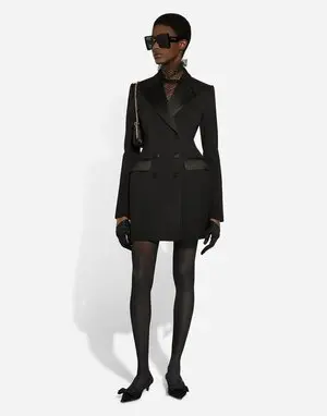 Dolce & Gabbana Long Double-breasted Stretch Wool Tuxedo Jacket - Black