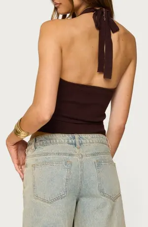 EDIKTED Belted Knit Halter Top - Brown