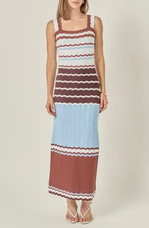 English Factory Stripe Pointelle Sweater Midi Dress - Brown Multi