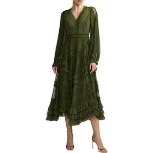 Mac Duggal Long Sleeve V-neck Mesh Micro Ruffle Midi Dress - Olive